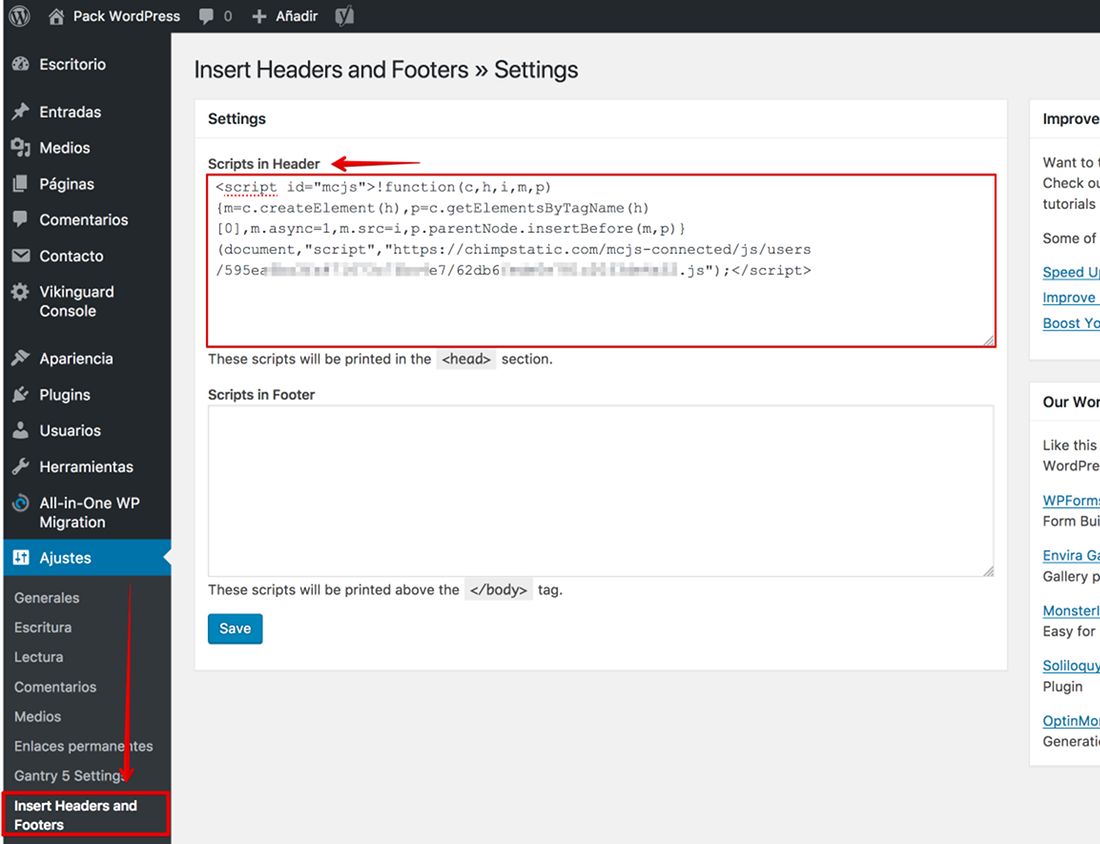 Añade código a WordPress en el header o footer del tema