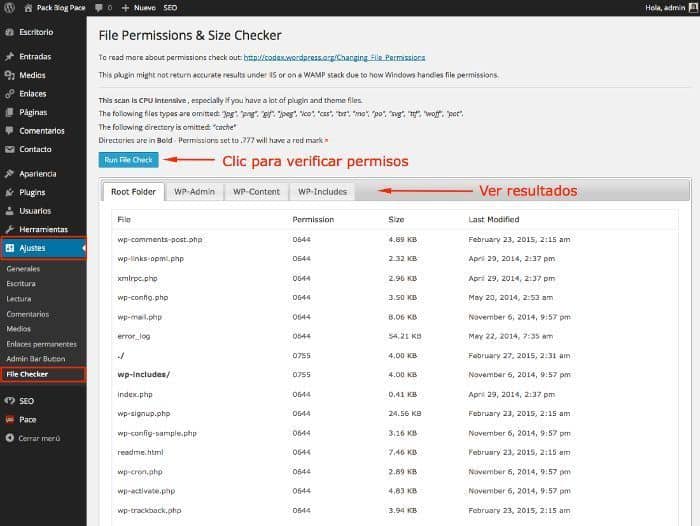 Verifica los permisos de tus archivos y carpetas WordPress